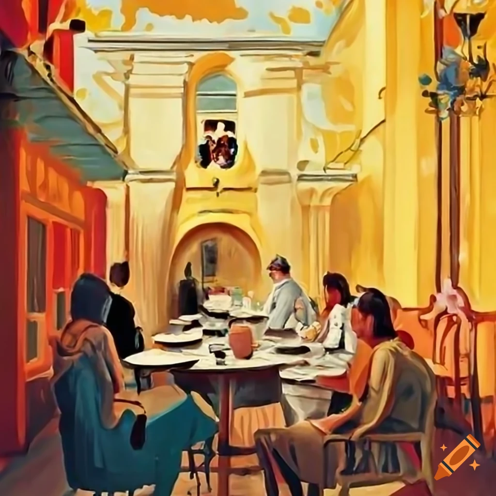 Café patio with seated customers, dali painting on Craiyon