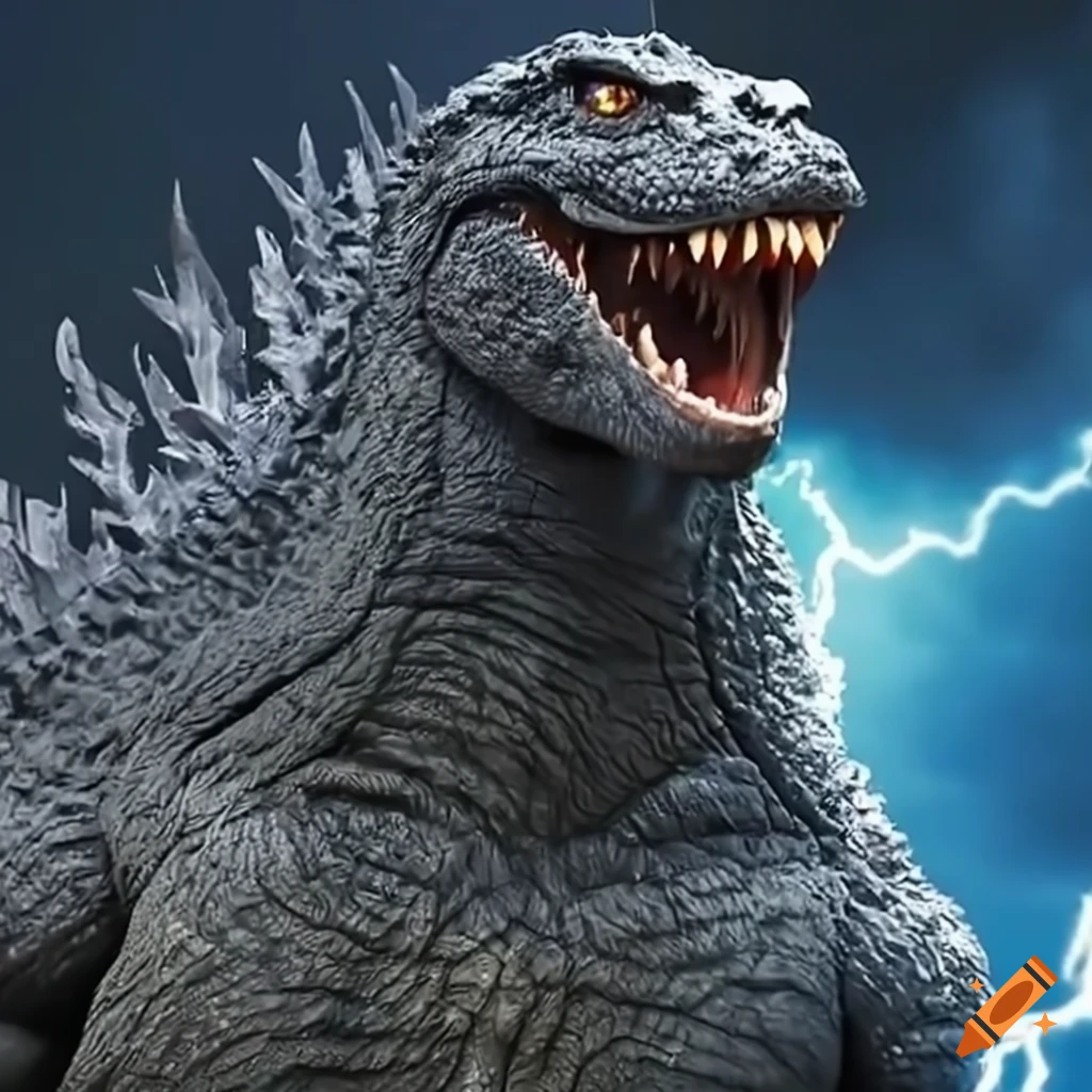 Godzilla roaring amidst thunder in a realistic scene on Craiyon