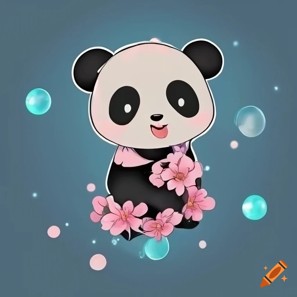 Eigengrau anime panda logo with pink flowers and blue bubbles