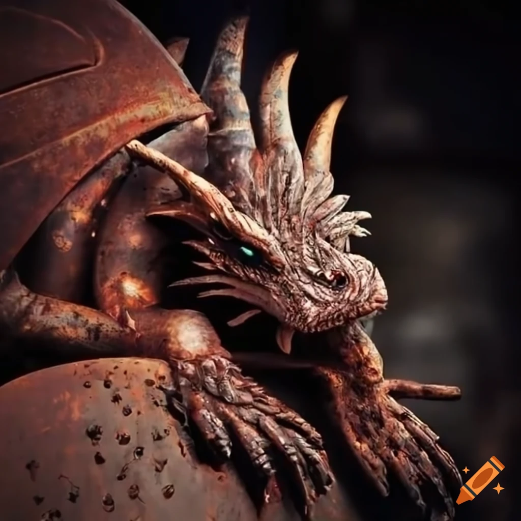 Fantasy dragon resting on pile of rusted metal on Craiyon
