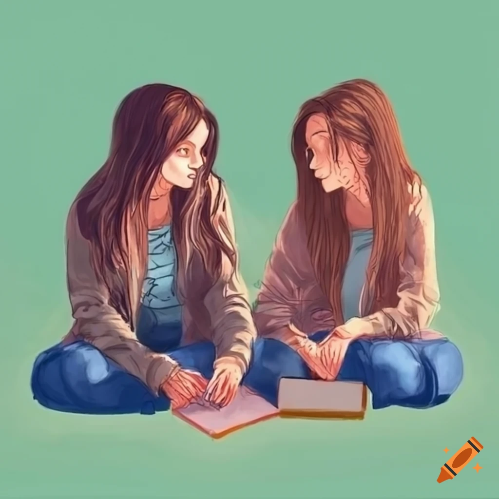 Detailed drawing of two women sitting outside