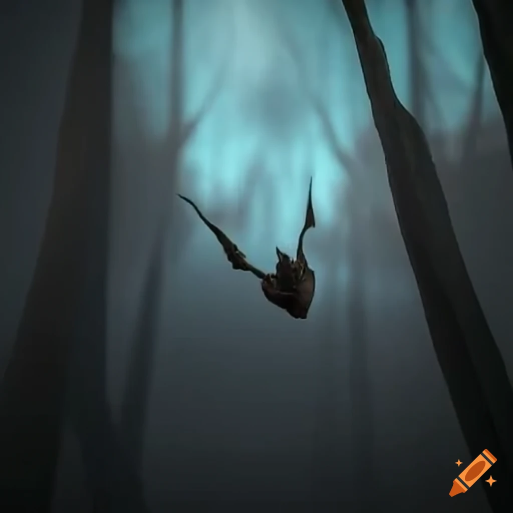 Bat flying over leafless trees