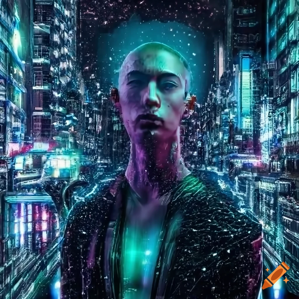 Skinny male cyborg in an orbital-hyperspatial-metropolis on Craiyon