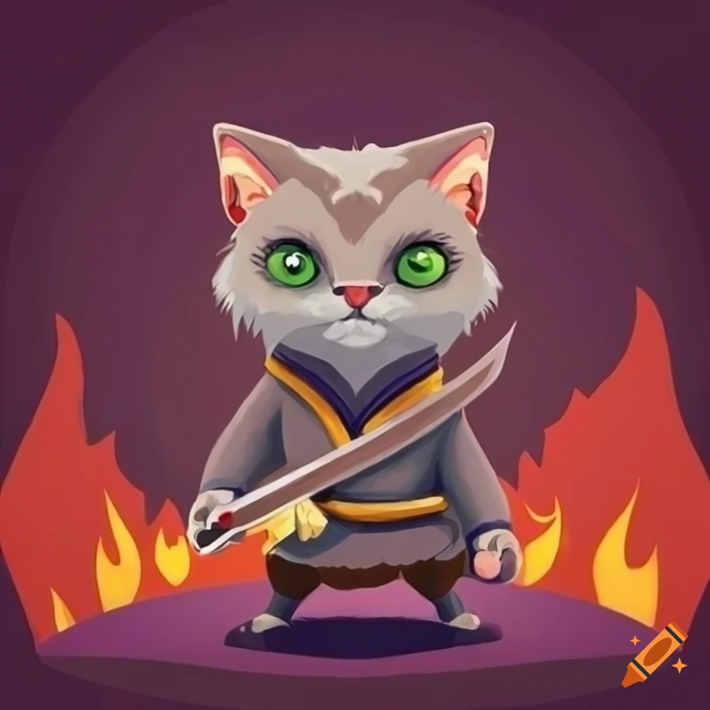 Cute cat monk with grey fur and long sword in a stylized fantasy ...