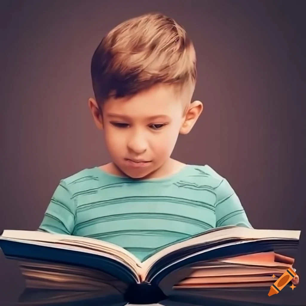 Cute boy reading at home surrounded by books