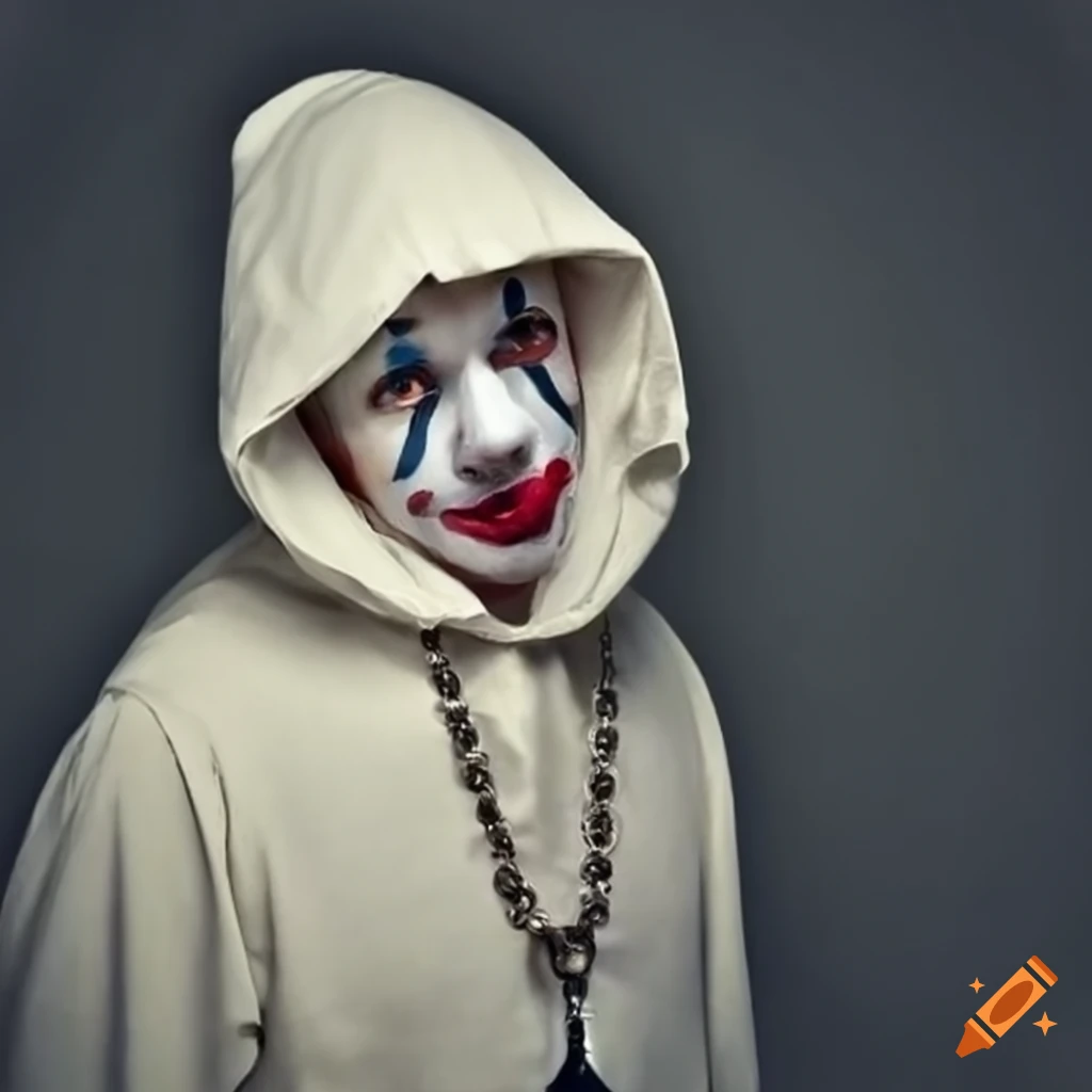 Person wearing a clown costume with a white hood and cross necklace on ...