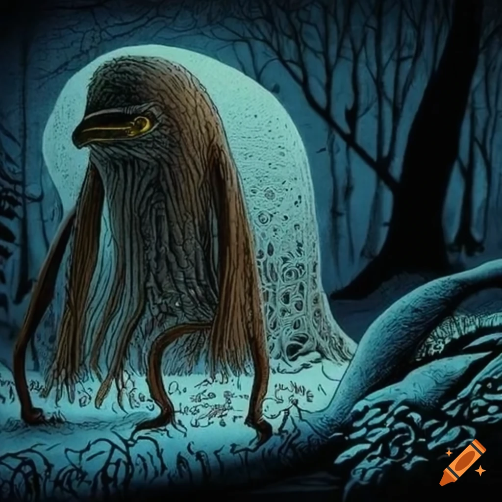 Illustration of the groke and little my in hans haecke's style on Craiyon