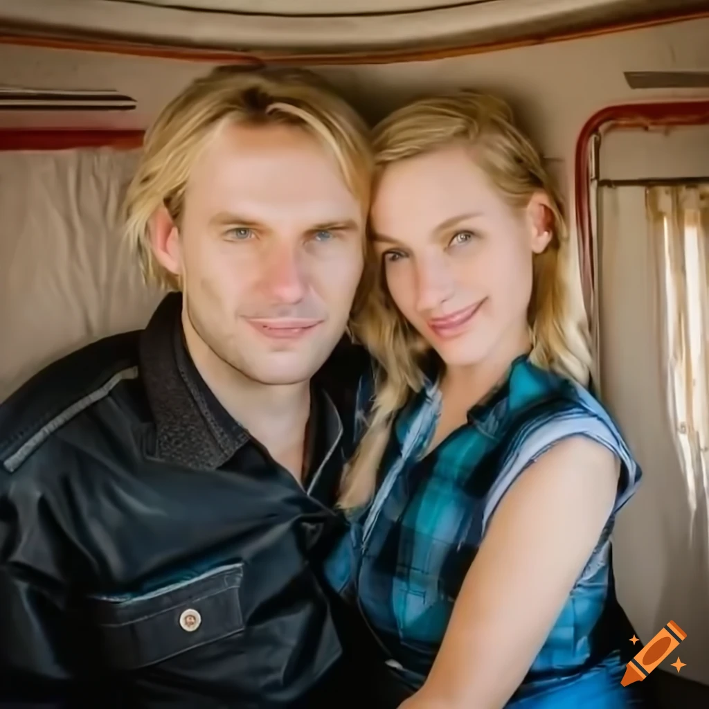 Close-up of young blonde couple hugging in a country-style caravan ...