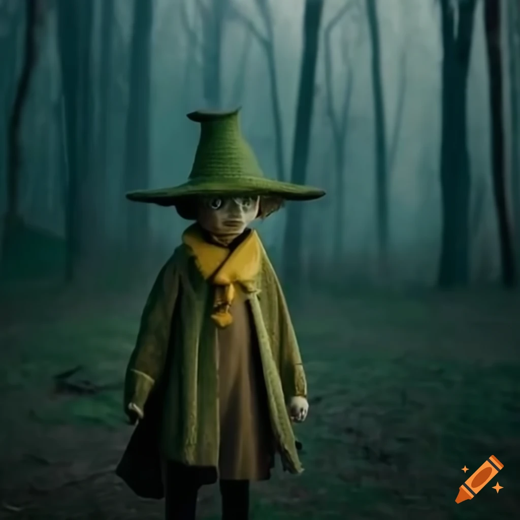 Eerie portrait of snufkin character emerging from the mist