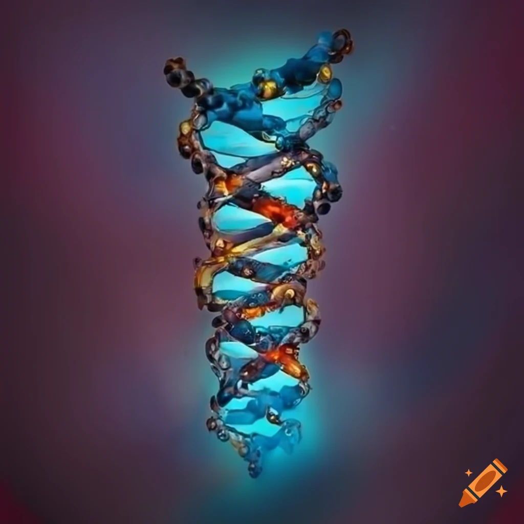 Artistic depiction of dna double helix fused with an iron atom