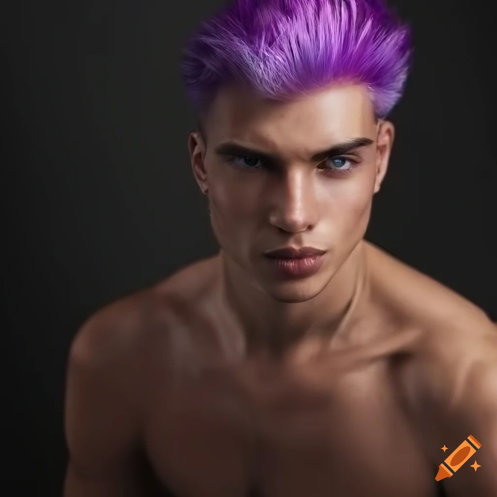 Handsome man with realistic features and spiked violet hair on Craiyon
