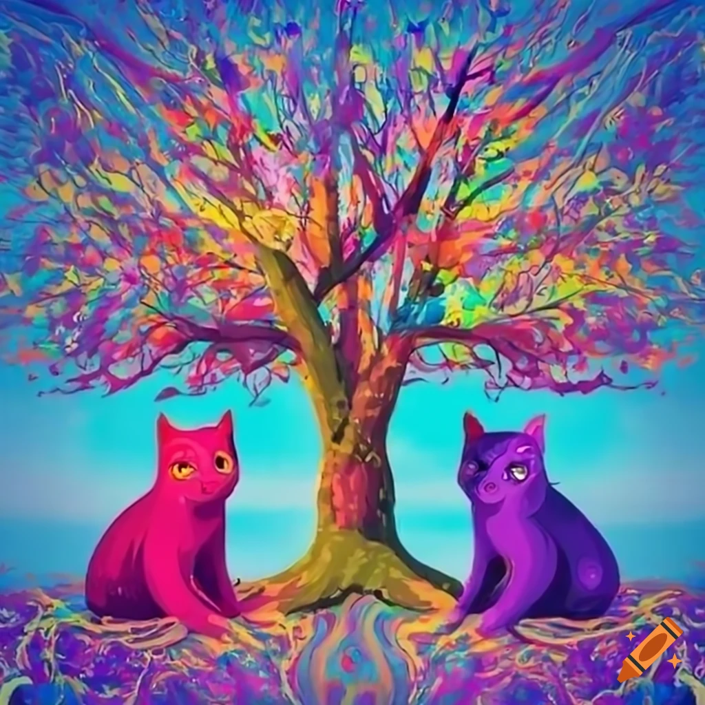 Colorful tree with two cats underneath