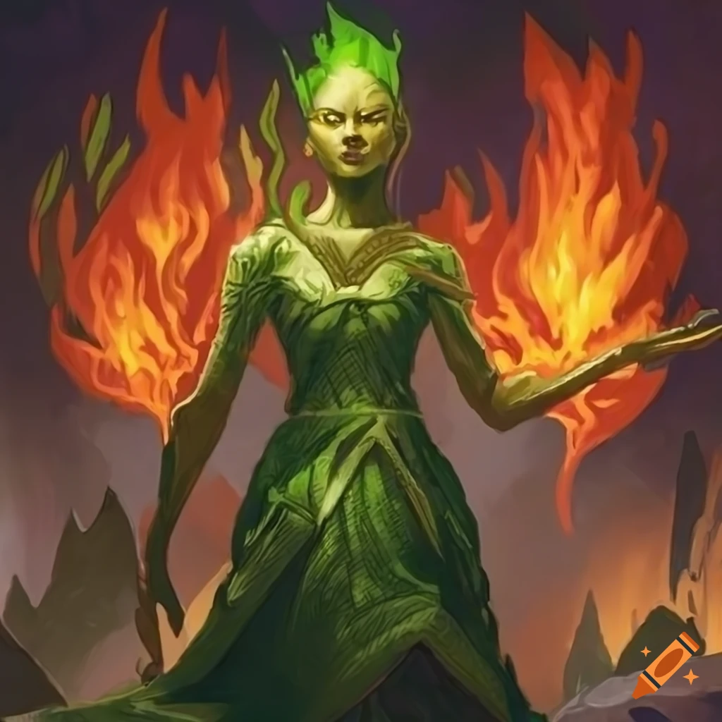 Illustration of green fire in mtg art style