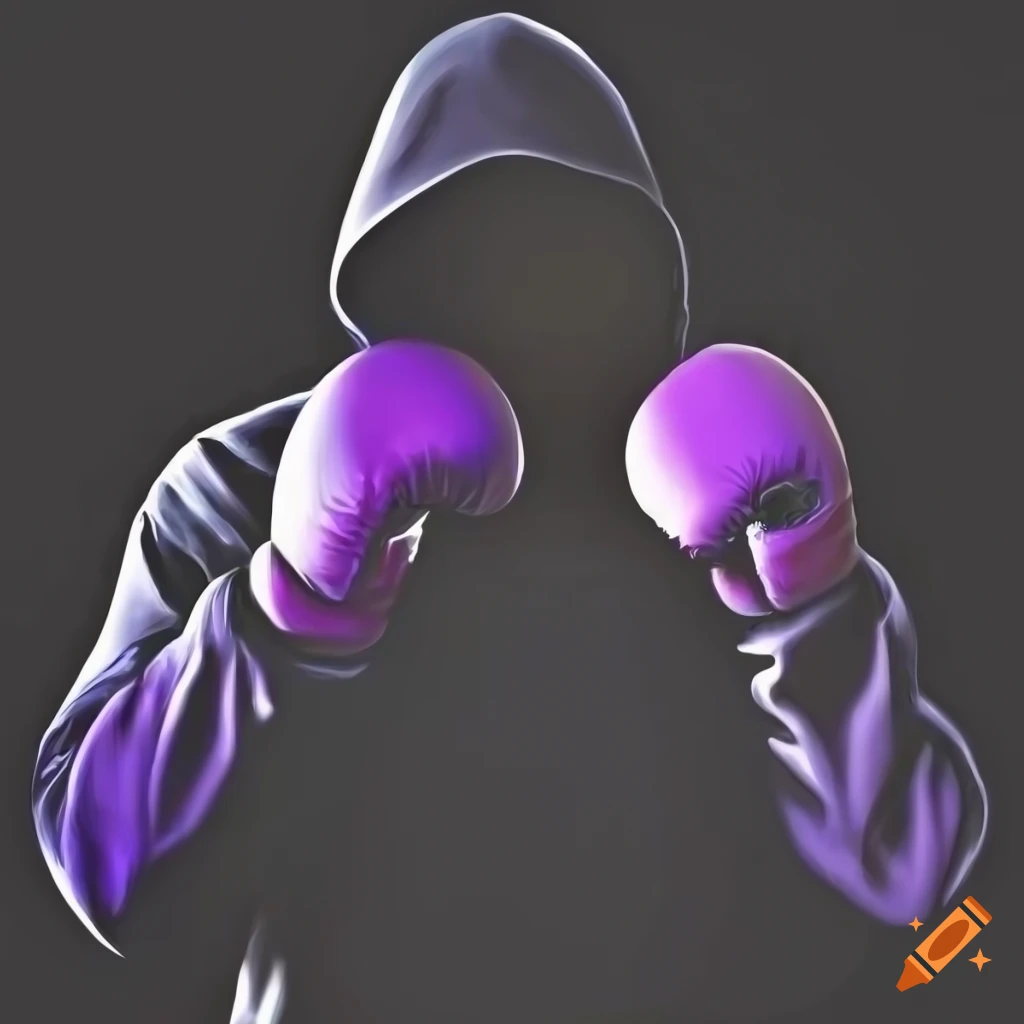 Silhouette of a man in a black hoodie with white and purple boxing gloves