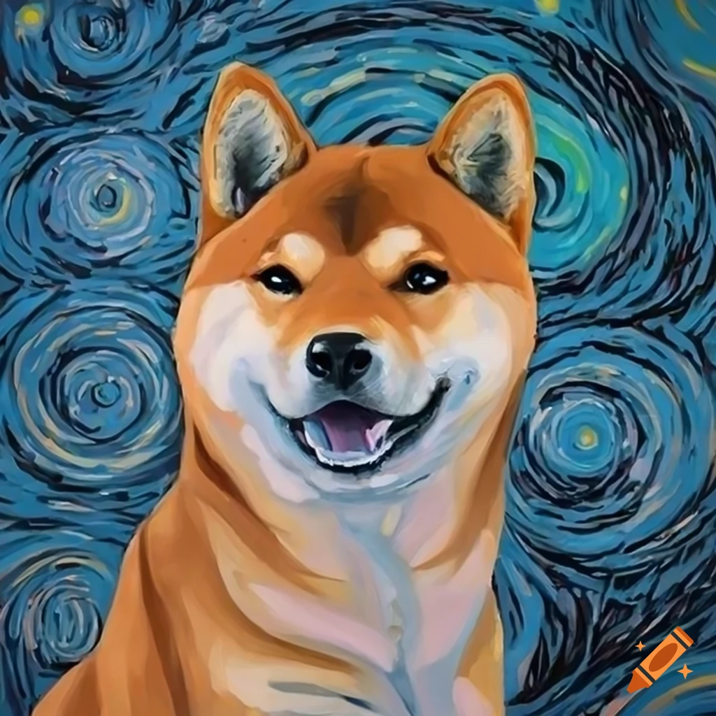 Hyper detailed portrait painting of a shiba inu in starry night style