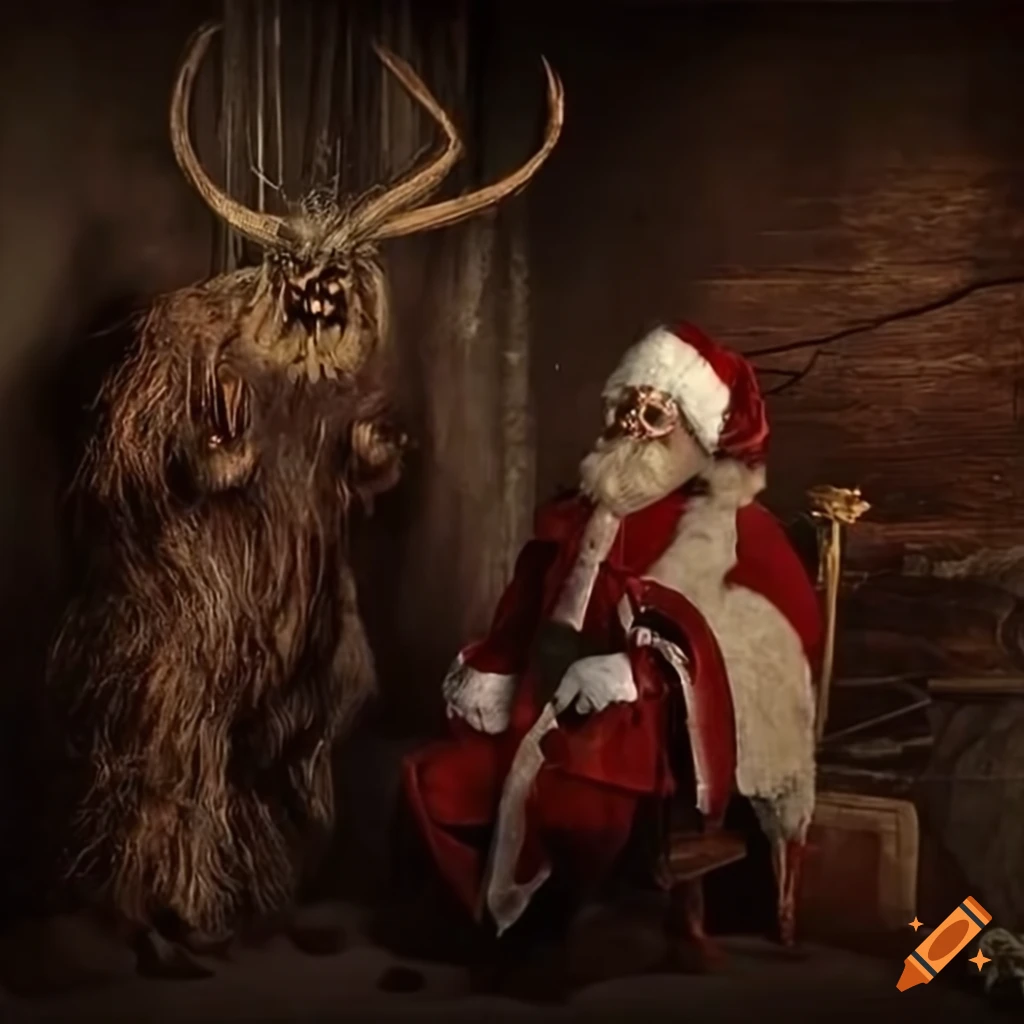 Vintage Santa Claus confronting Krampus in a Christmas battle in the ...