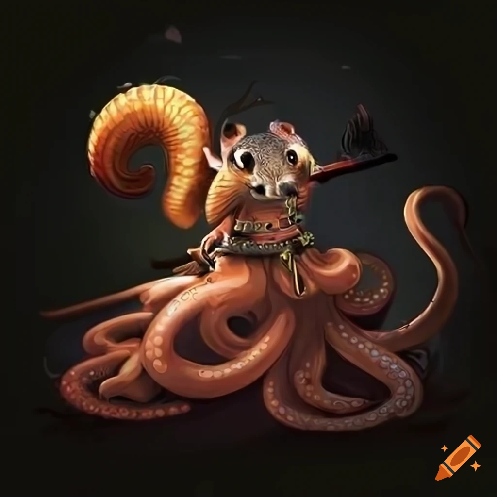 Samurai squirrel riding an octopus into battle in a digital artwork