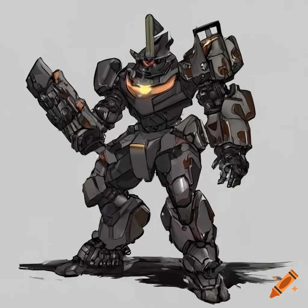 Anime-style mecha with bulky armor and black color scheme on Craiyon