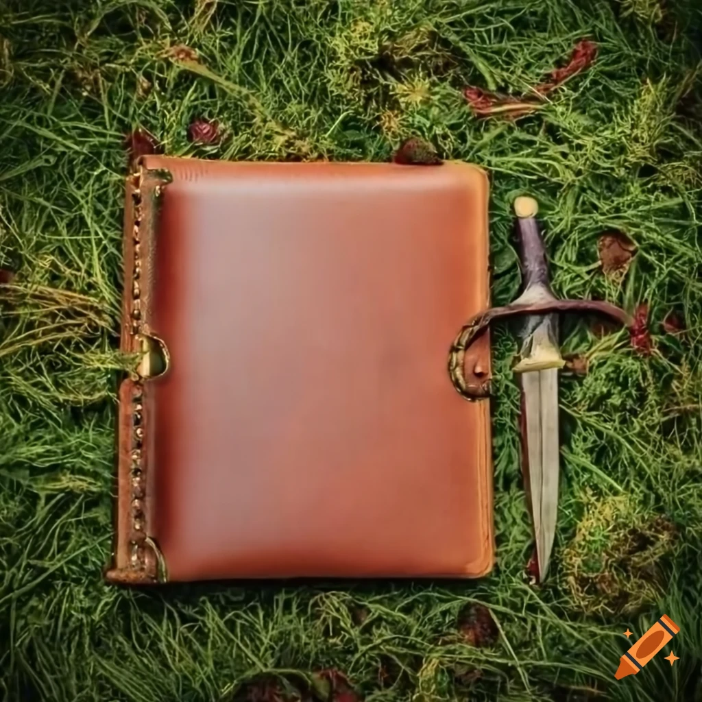 Vintage leather notebook with a dagger on green grass