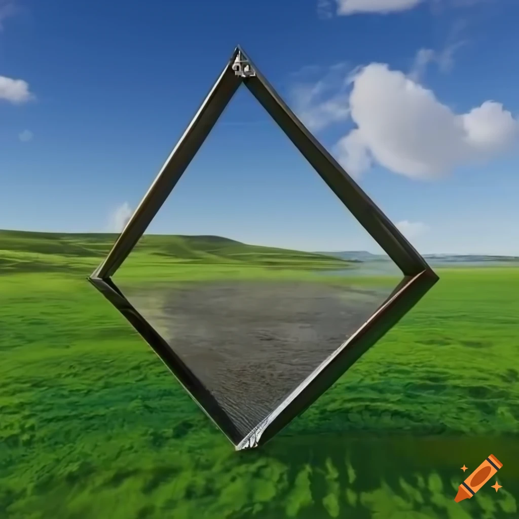 3d photorealistic steel rhombus floating above green field on Craiyon