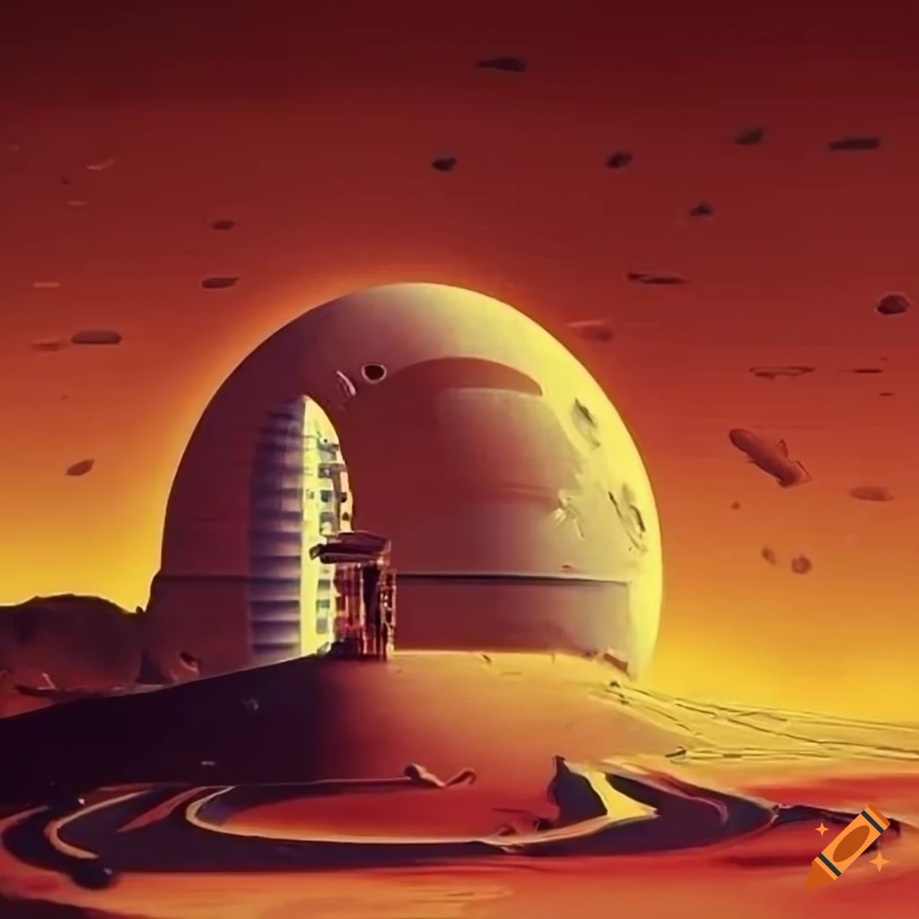 Futuristic domed city on Mars in a 1950s scifi illustration on Craiyon