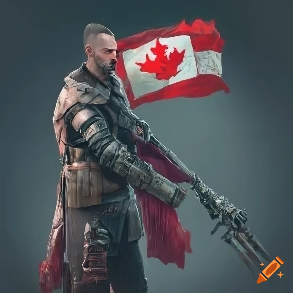 Cyberpunk knight holding Canadian flag, post-apocalyptic, portrait ...