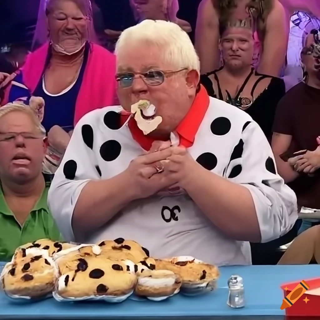 Dusty Rhodes in polka dots at a competitive eating contest on Craiyon
