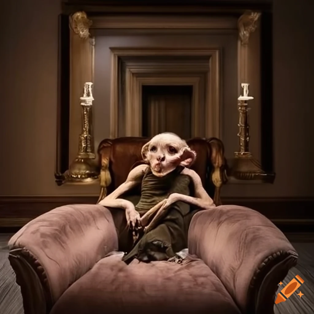 Dobby in a luxurious hotel room next to an elegant bed on Craiyon