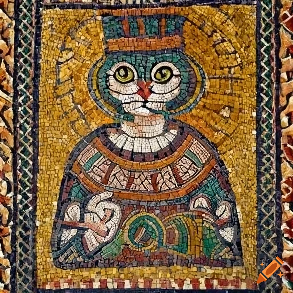Byzantine mosaic of a cat in priest attire on Craiyon