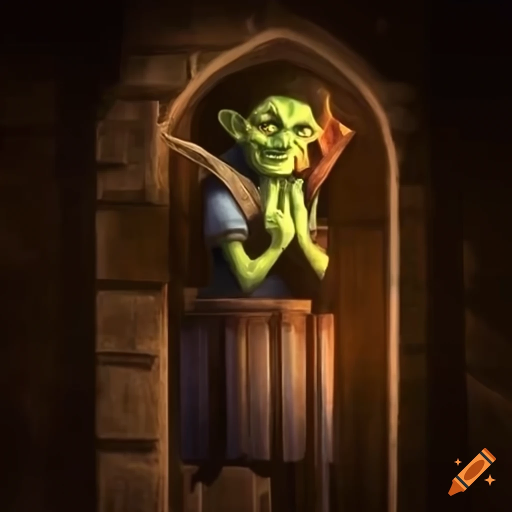 Goblin wearing princess headwear waving from tower window on Craiyon