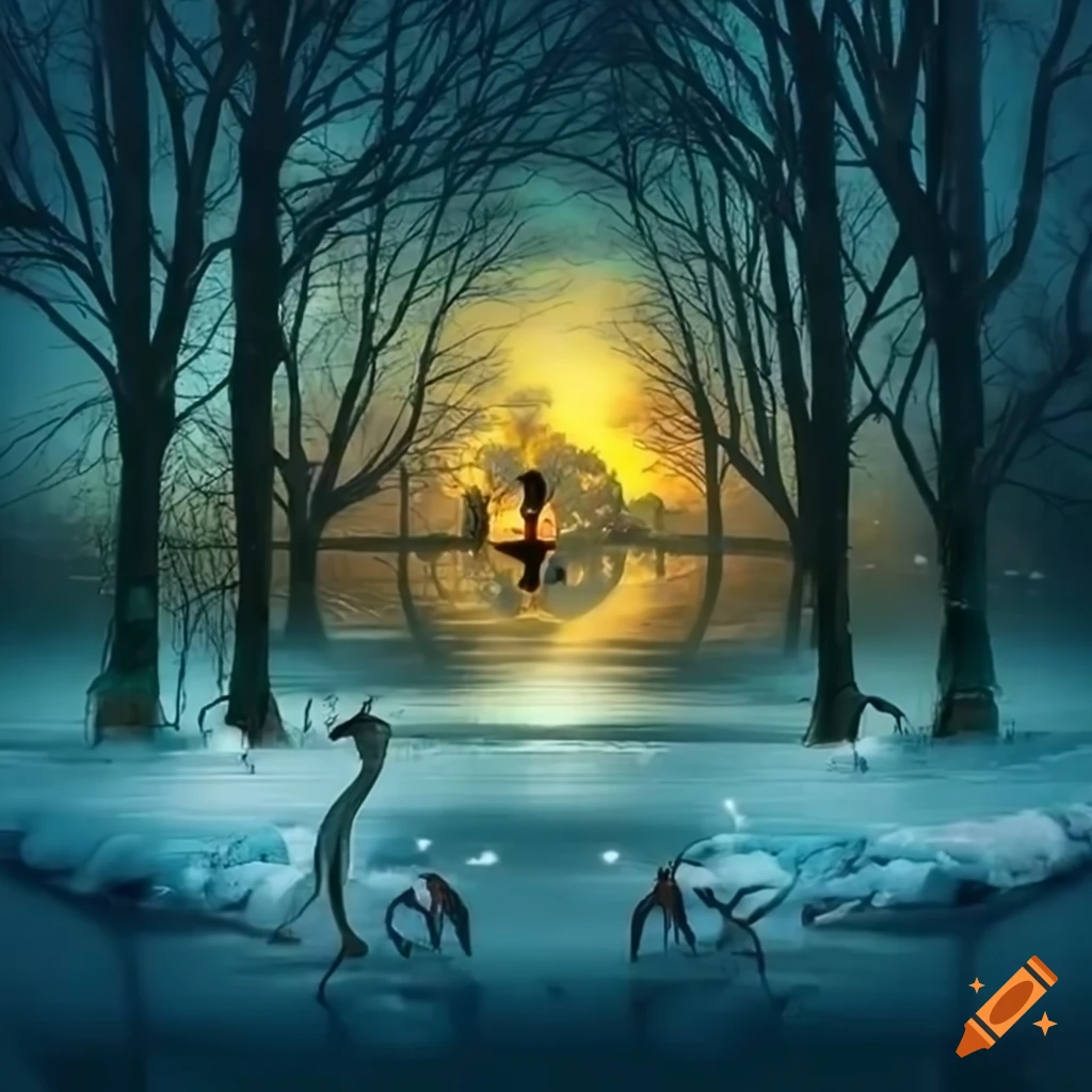 Surreal creatures in a park with strange trees, streetlights, and ...