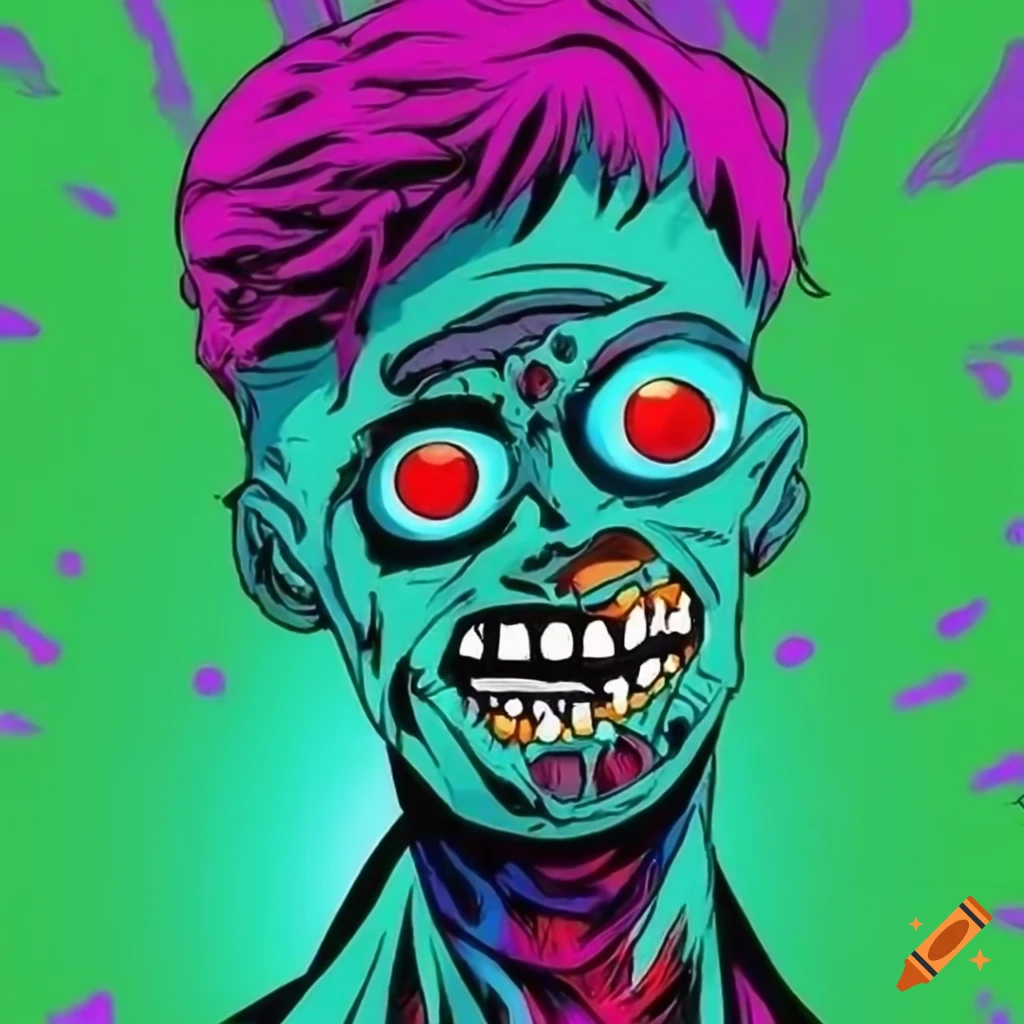 Vivid neon-colored cartoon zombies in a thrilling pop art scene