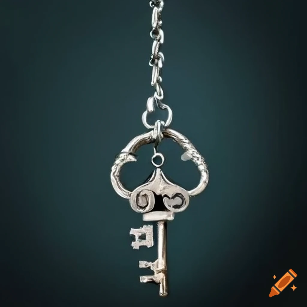 Delicately crafted ritual key on silver chain decorated with runes on ...