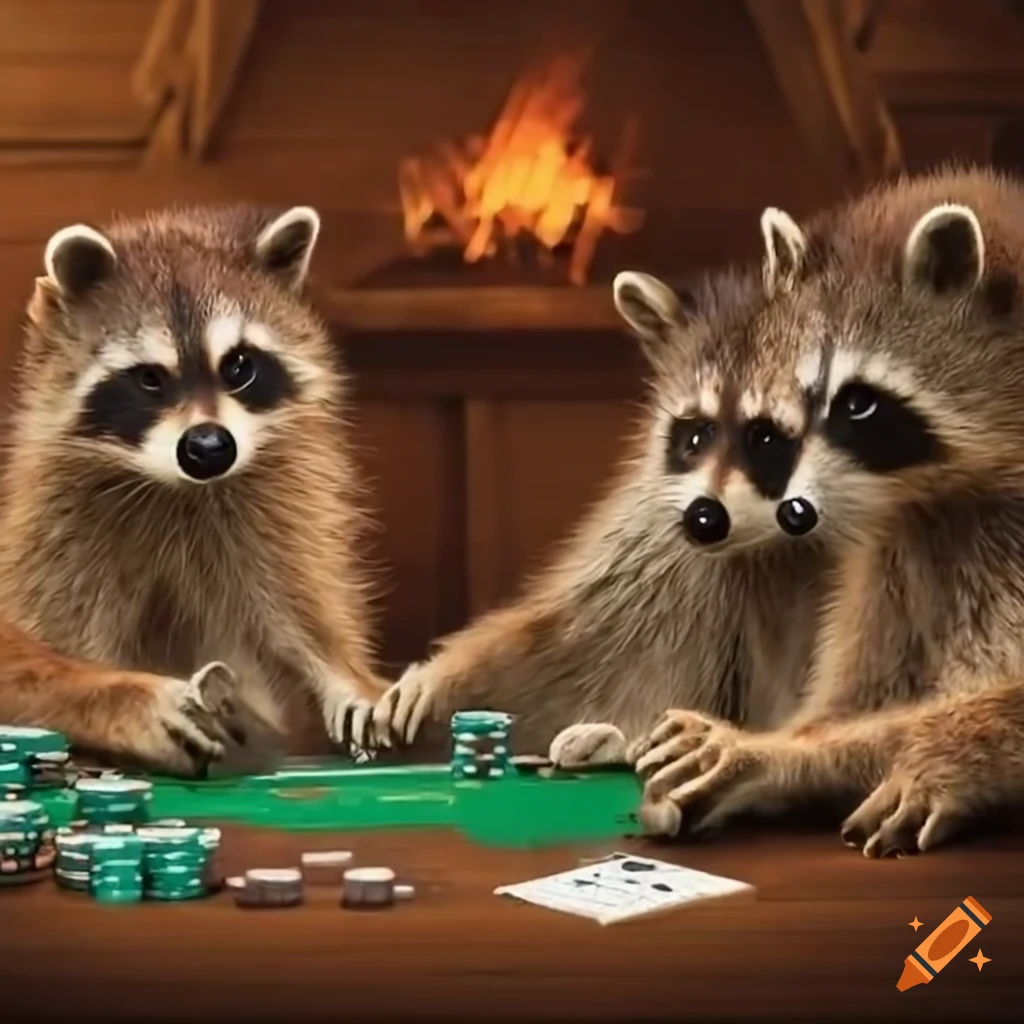 Raccoons playing poker in a wooden room on Craiyon