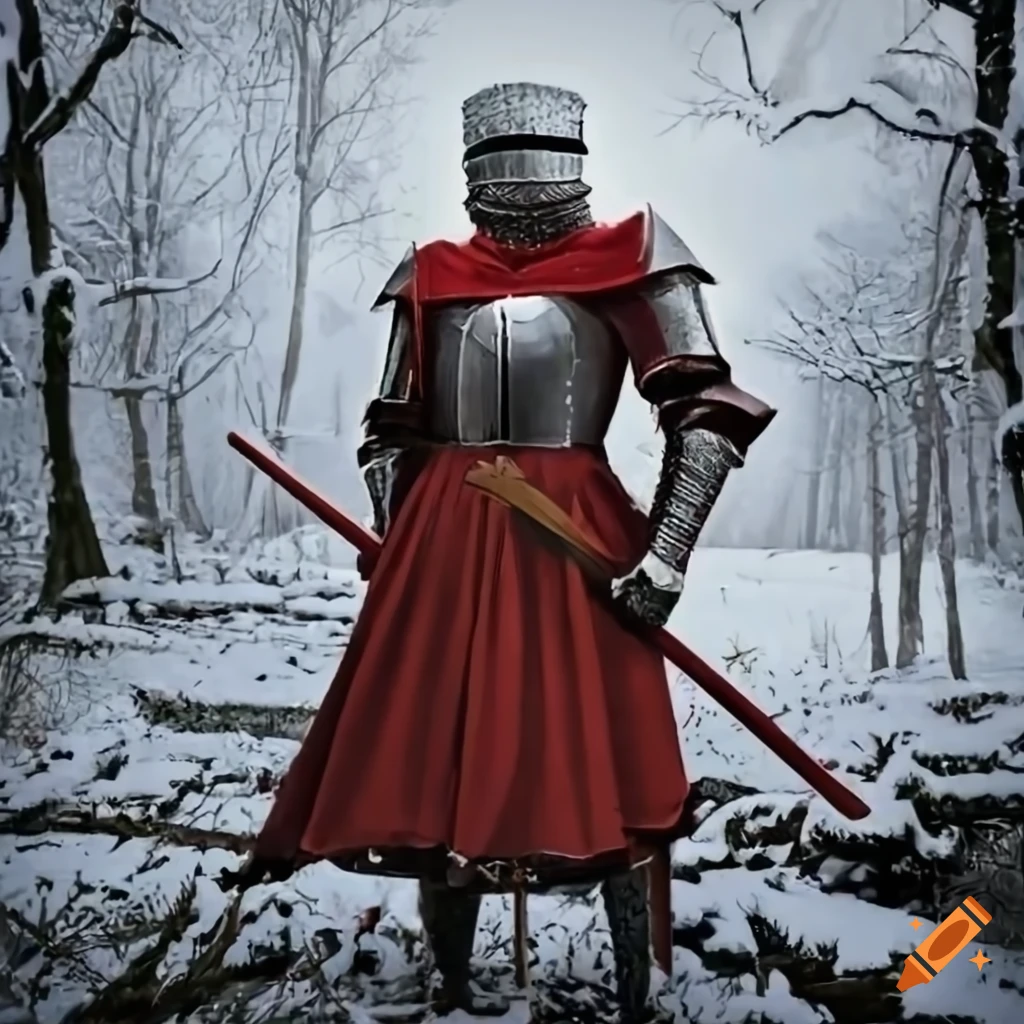 Knight in red and silver armor with a santa hat in a snowy forest