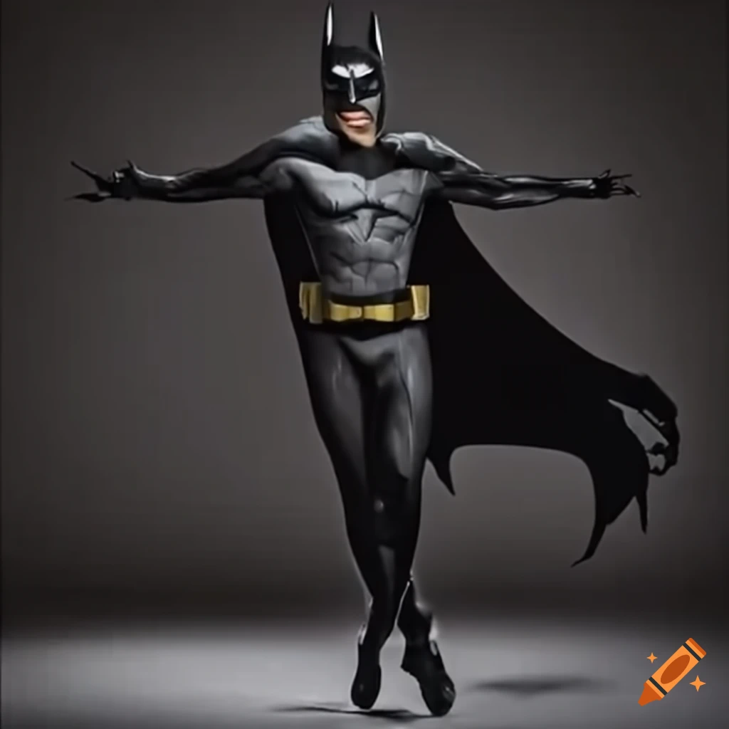 Batman performing an elegant ballet jump in his batman outfit
