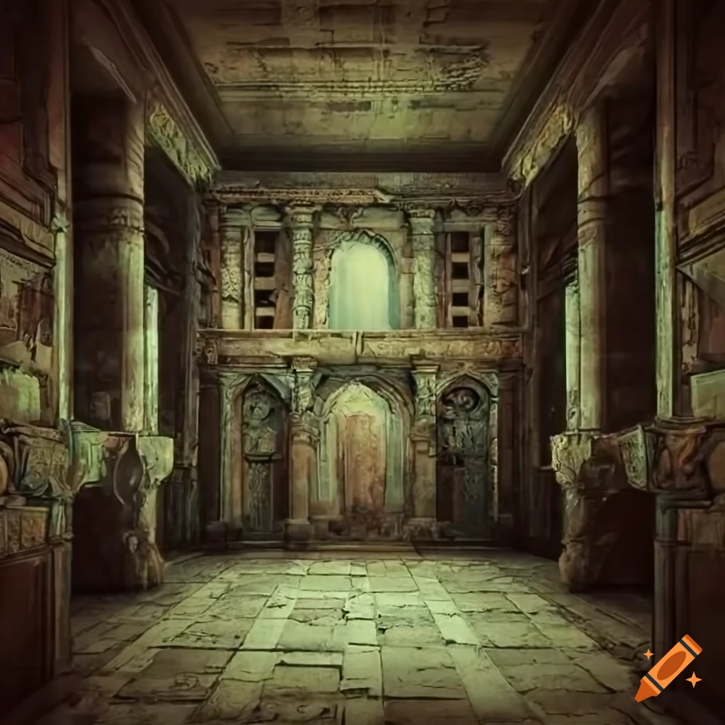 Photo of a huge, old, abandoned temple room with ancient scrolls and ...