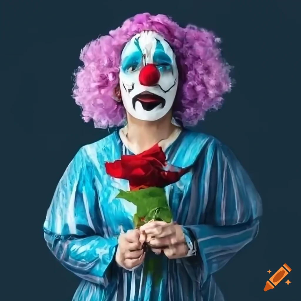 Sad female clown with wilted roses standing in the rain on Craiyon