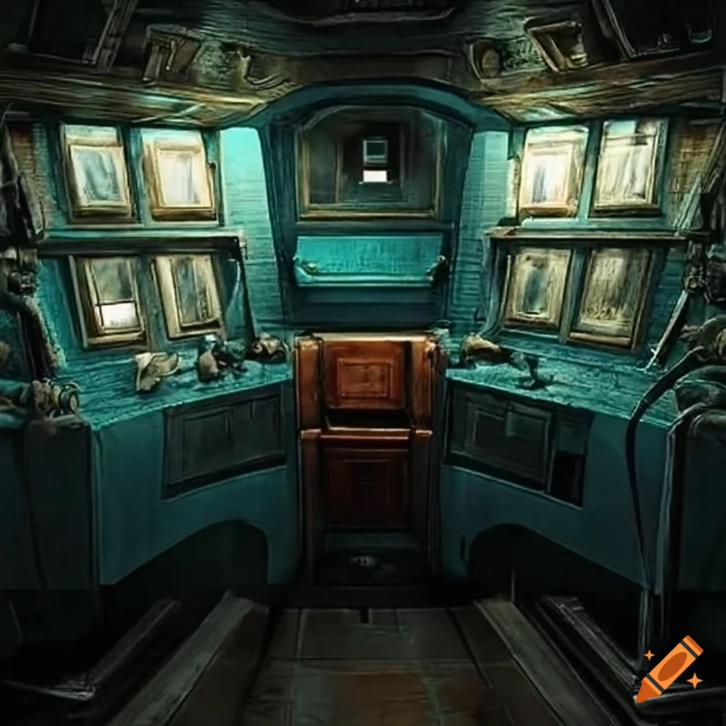 Interior of an old ship's command cabin on Craiyon