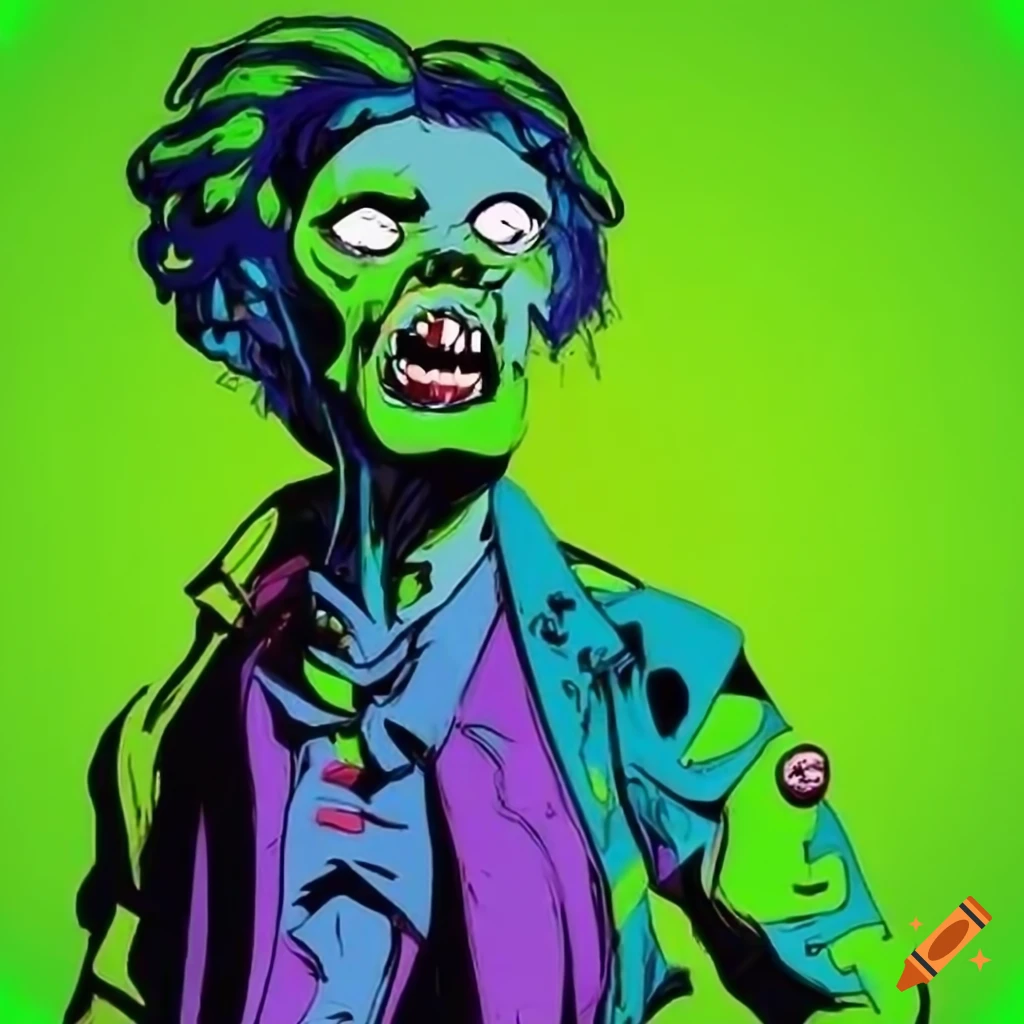 Vivid neon-colored cartoon zombies in a thrilling pop art scene