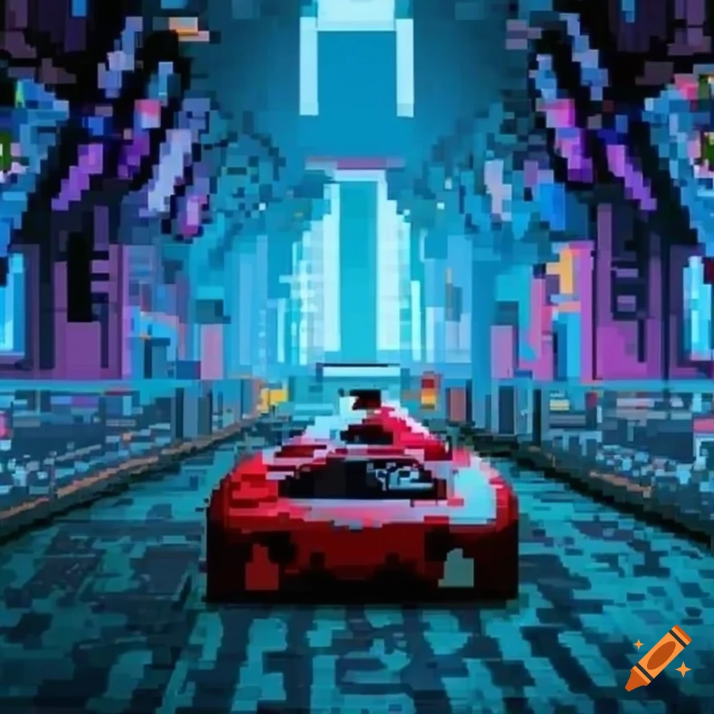 Closeup pixel art of an arcade with a racing car on Craiyon