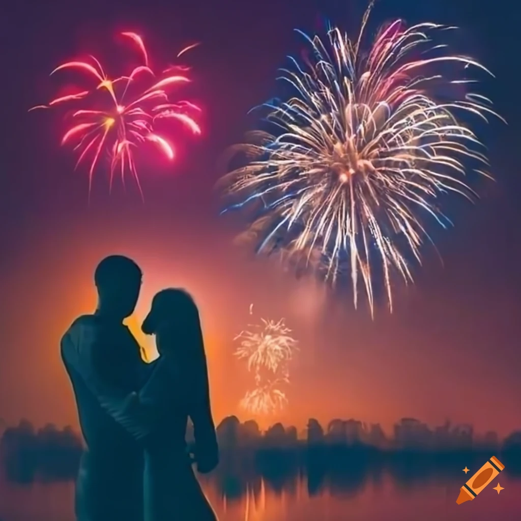Couple embracing under colorful fireworks in the night sky on Craiyon