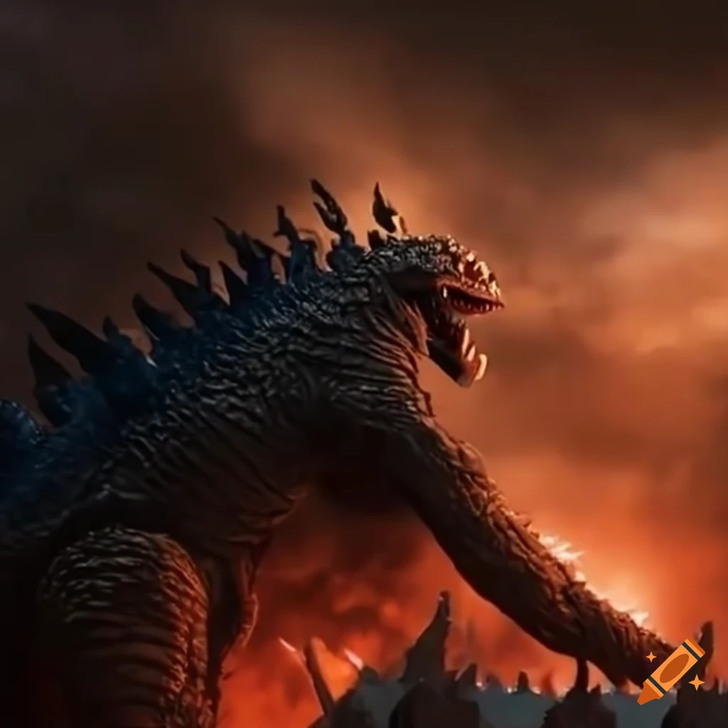 Godzilla roaring amidst thunder in a realistic scene on Craiyon