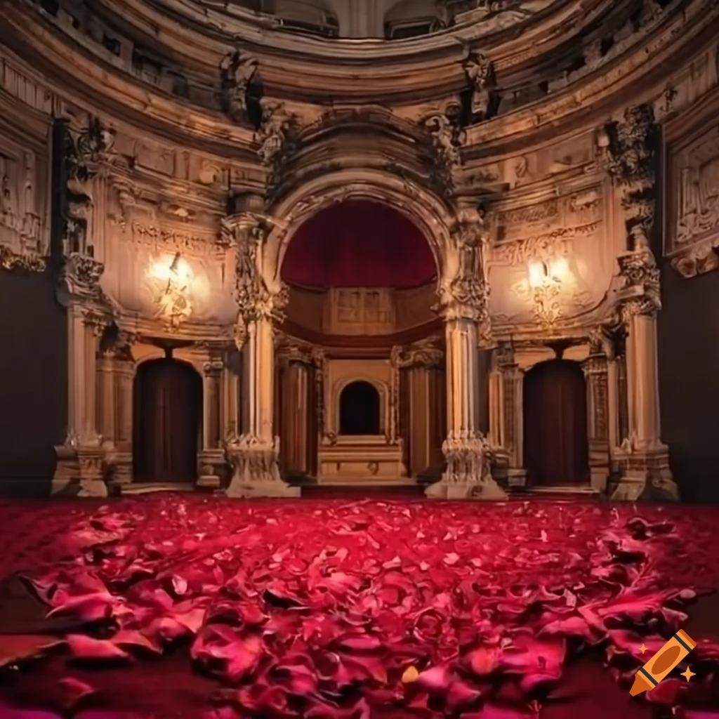 Circular theater stage with confessional doors, rose petals, and ...