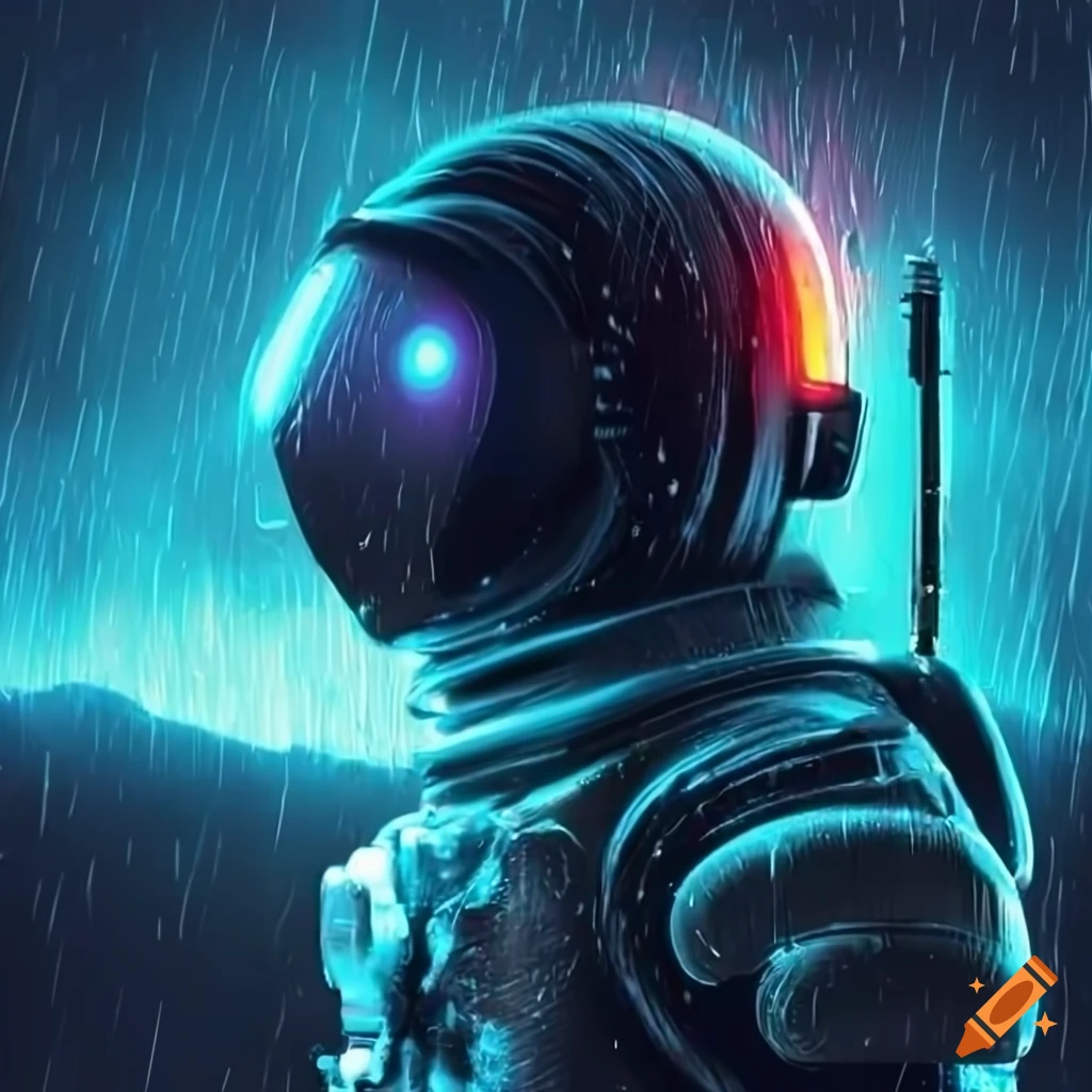 Ultra-futuristic astronaut-warrior in the rain with a close-up side ...