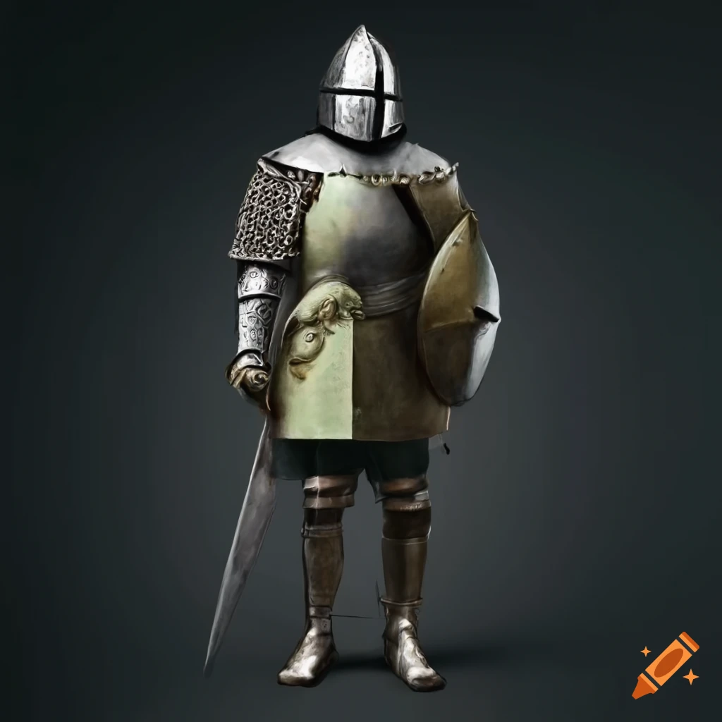 Knight in bronze greathelm and leather armor holding a sword and shield ...