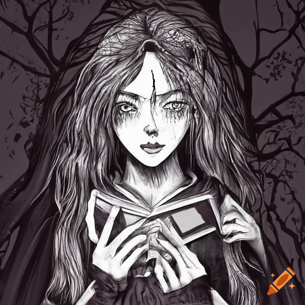 Realistic manga style drawing of a witch with a magic book in front of ...