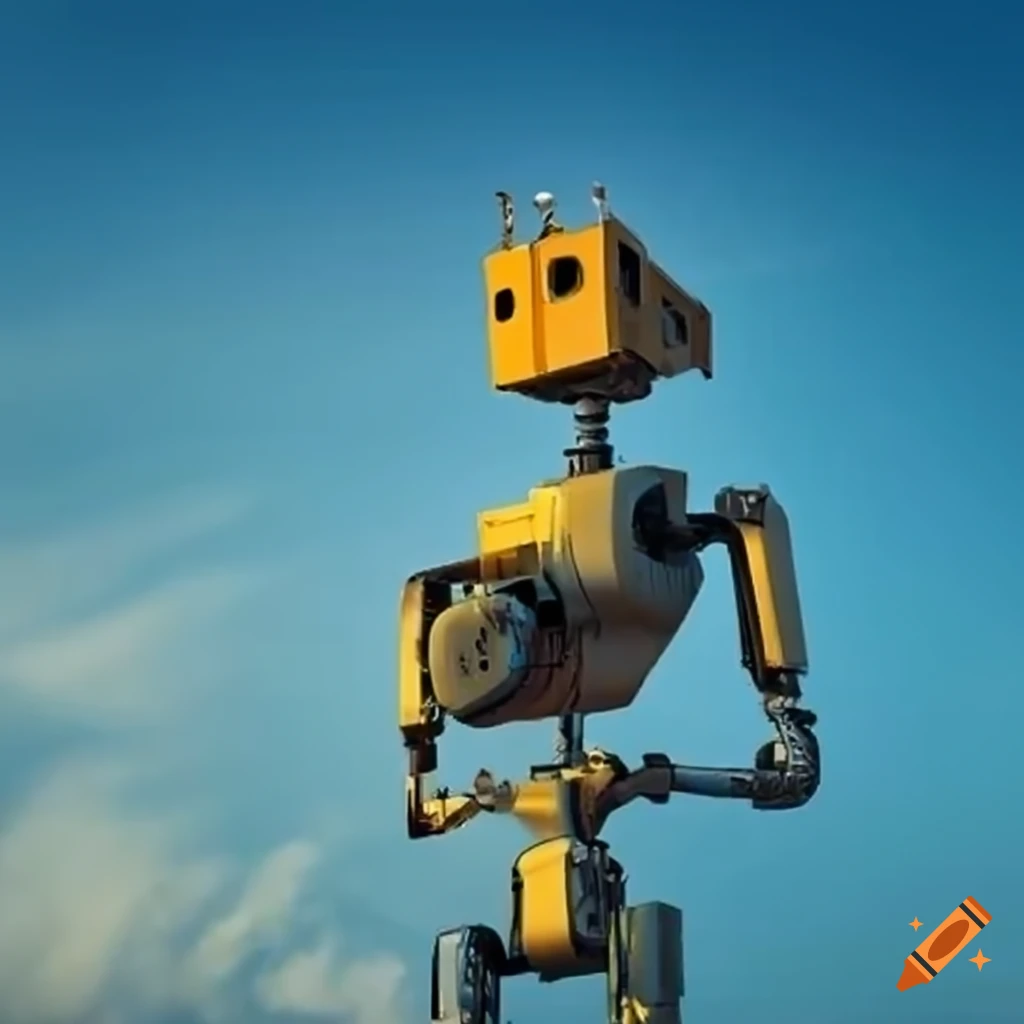 Virtual website under construction by robots in a bright blue sky