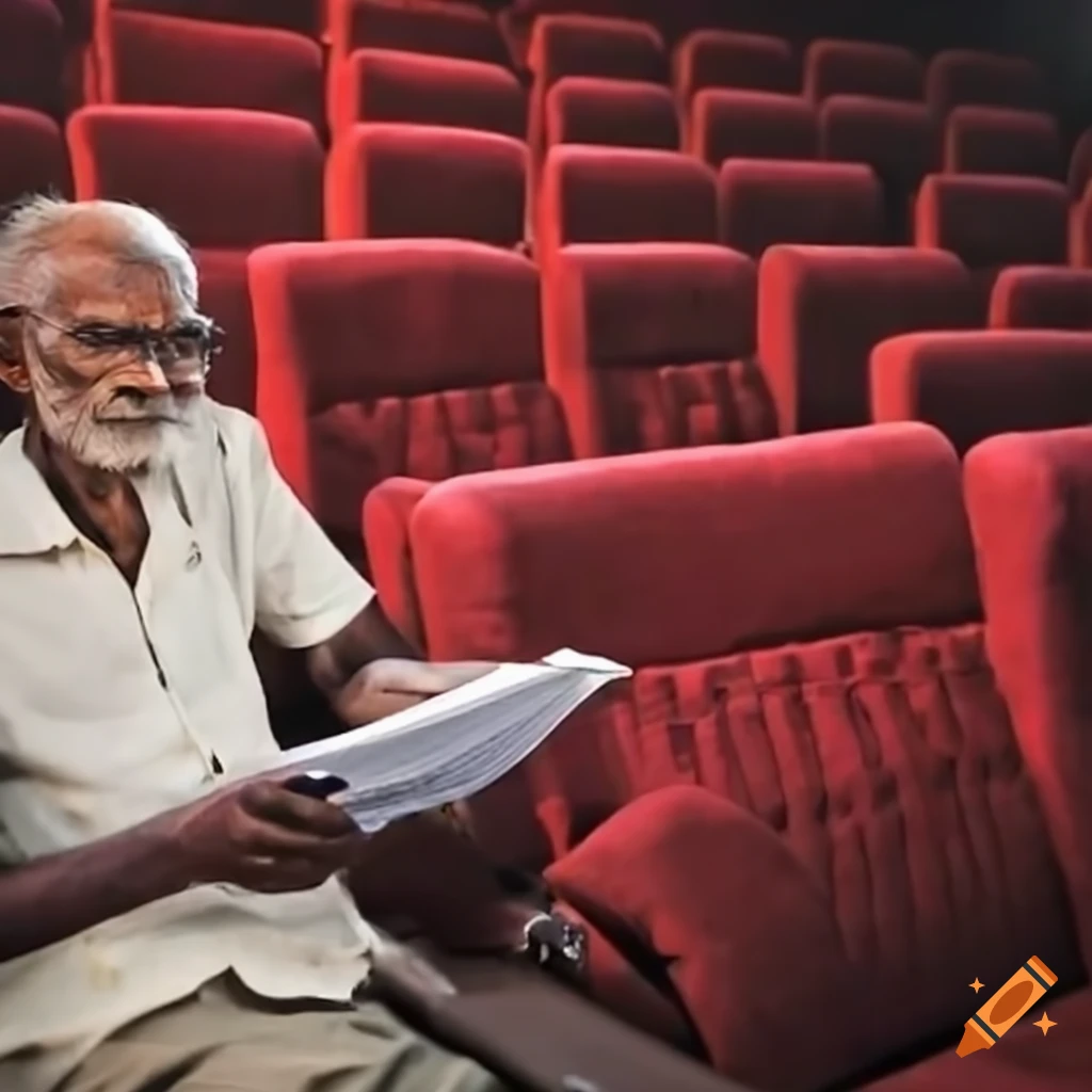 Indian older man writing script in front of a cinema theatre