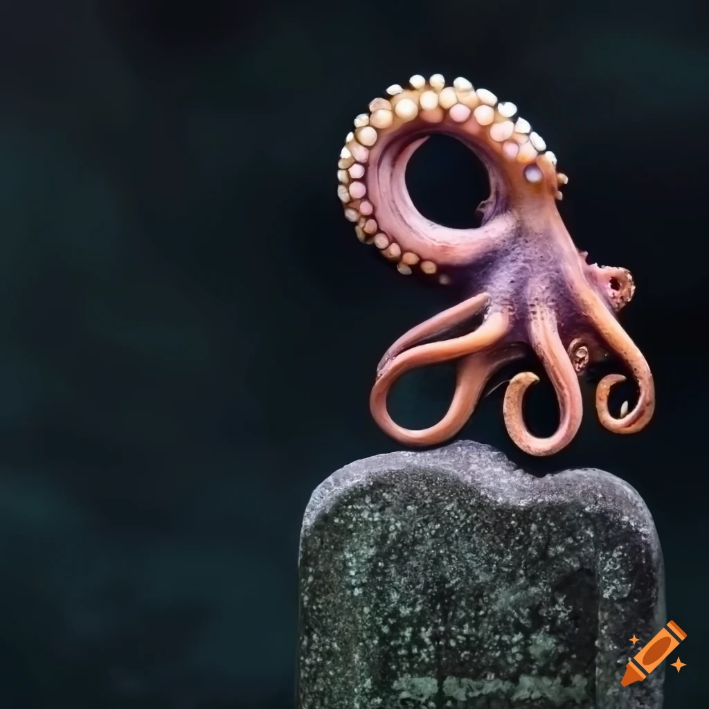 Octopus coiling around a gravestone on a dark background on Craiyon